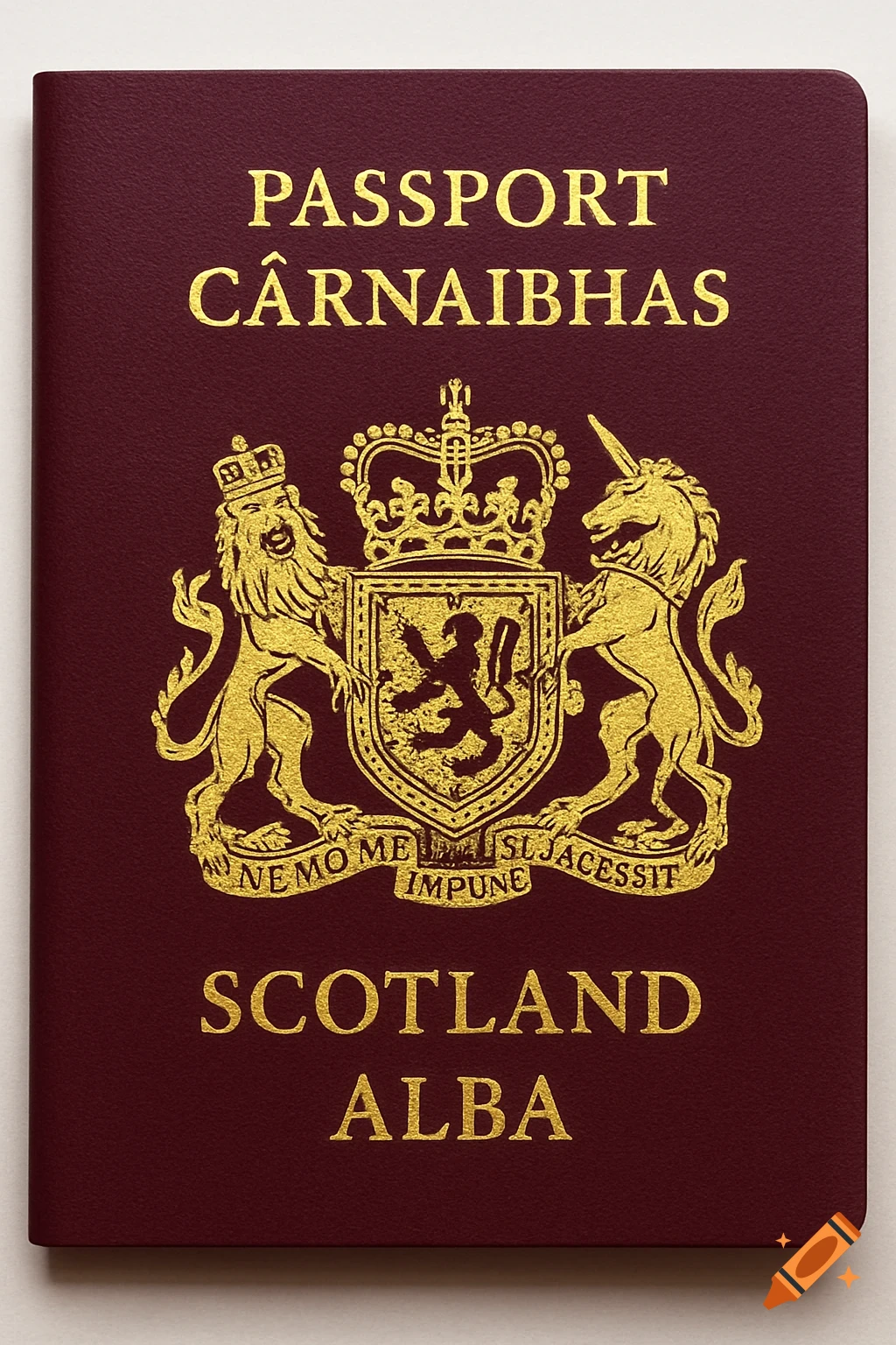 Close up of a burgundy Scottish passport with gold text and coat of ...