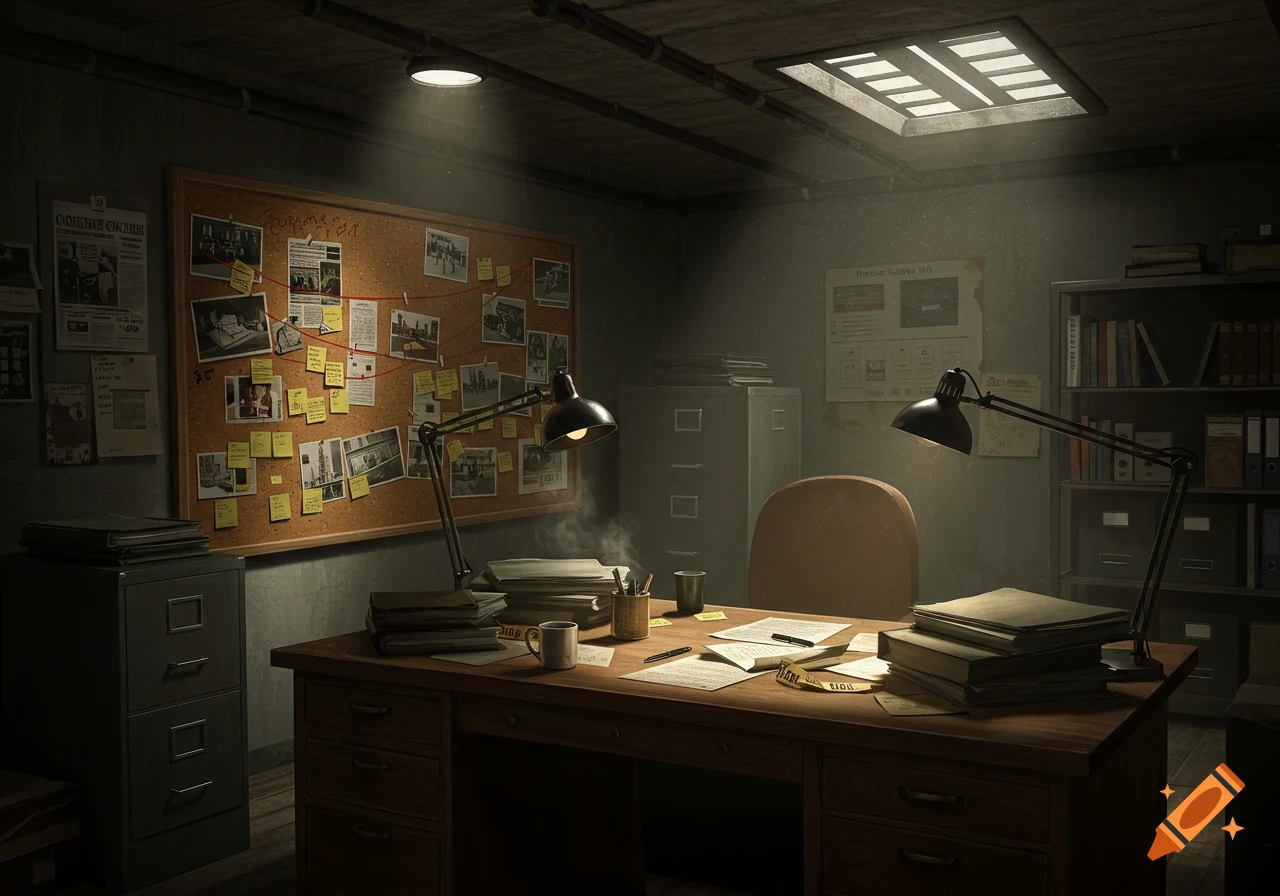 Dark, messy detective's office with a corkboard, desk, files, and lamps ...