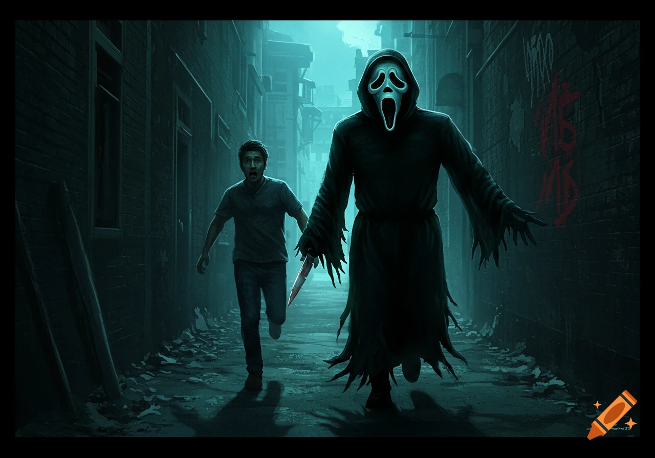 Ghostface chases a man down a dark alley, holding a knife. on Craiyon