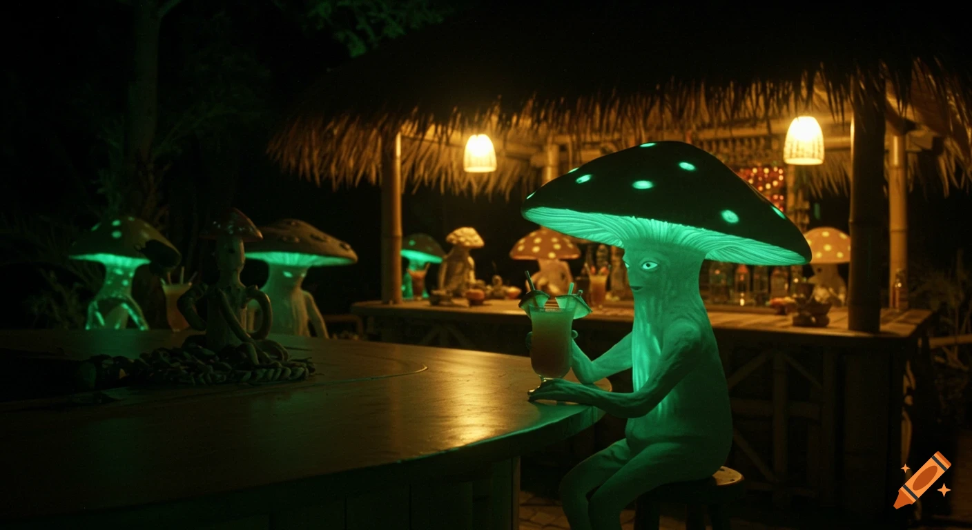 Green glowing mushroom entity holding a cocktail at a tiki bar at night ...
