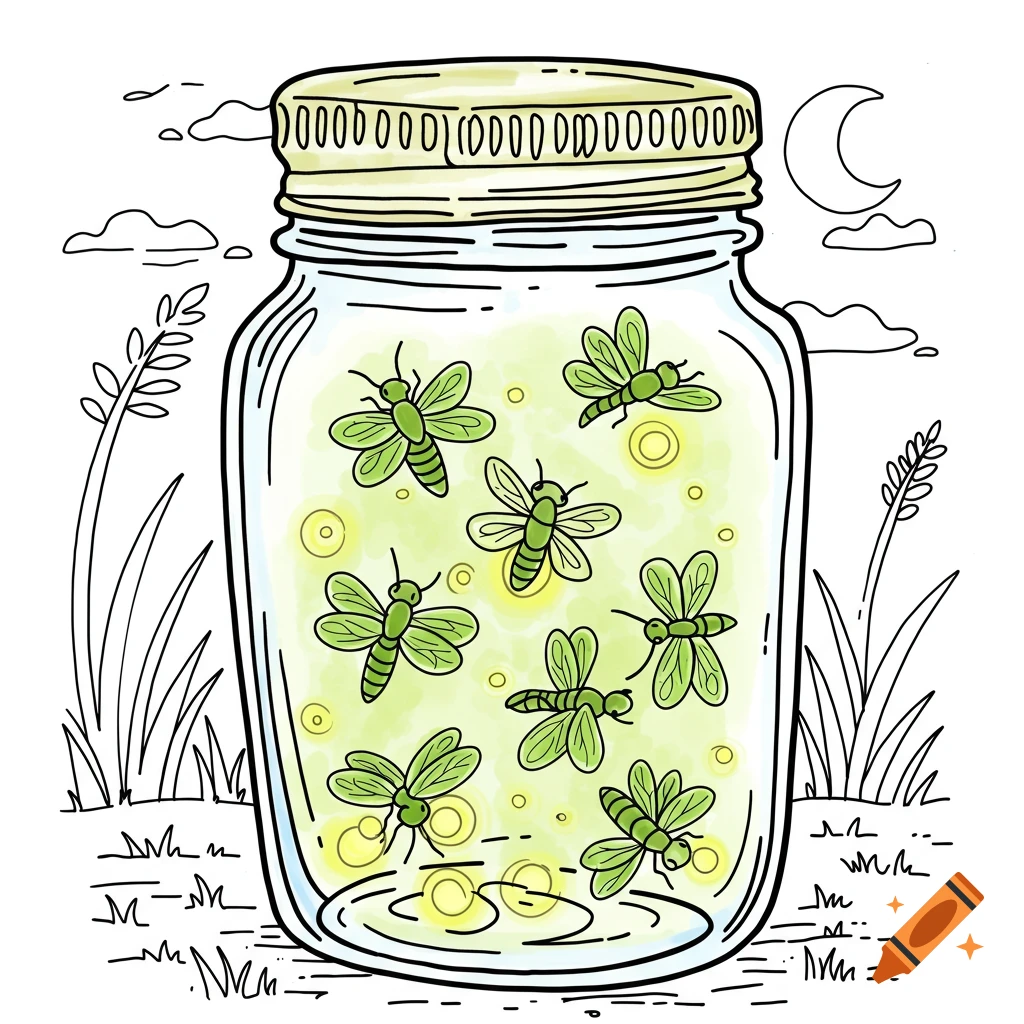 Coloring book style drawing of fireflies in a glass jar. on Craiyon