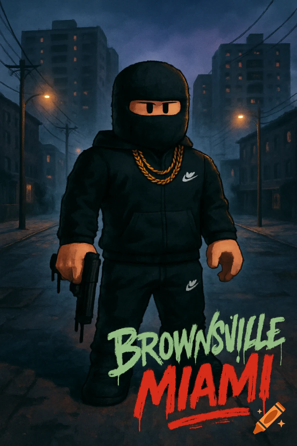 A stylized Roblox-like character wearing a ski mask and gold chain ...