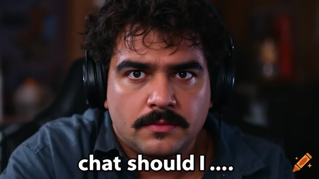Close-up portrait of a man with headphones and mustache, text 'chat should I ....' below on Craiyon
