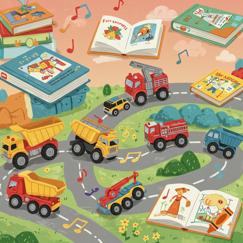 Illustration of toy trucks driving on a road with large books and music ...