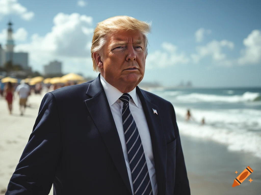 Donald Trump stands on a sunny beach wearing a suit and tie. on Craiyon