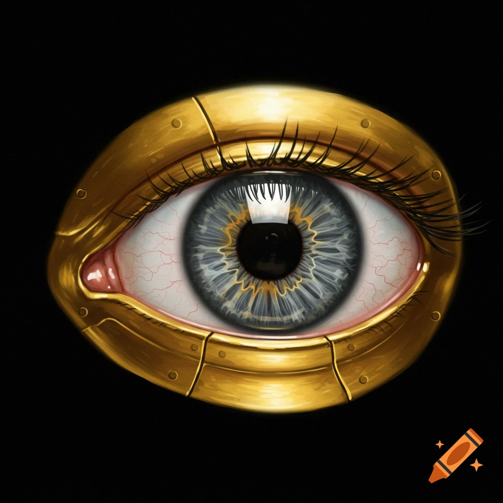 A detailed eye in a gold prosthetic casing against a black background ...
