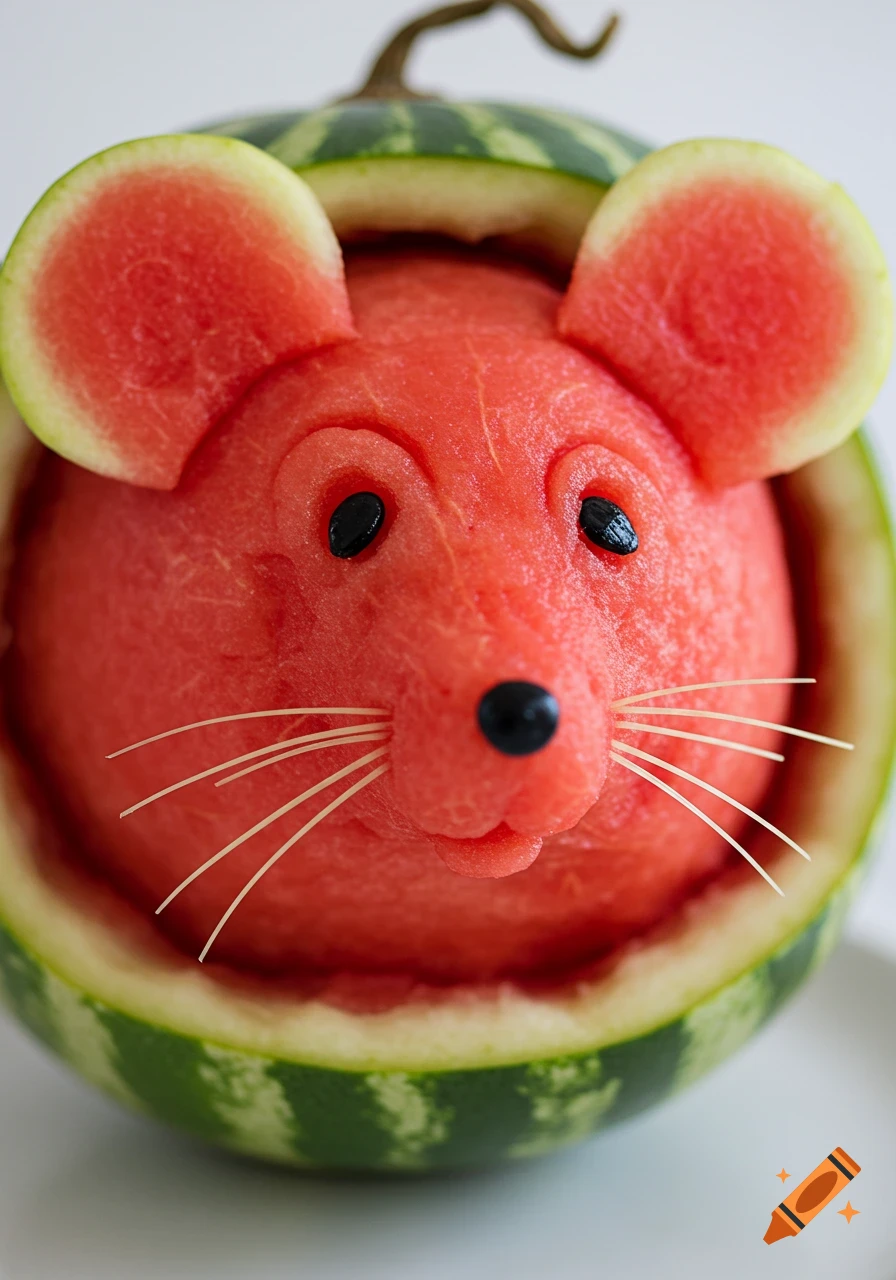 A watermelon carved and assembled to look like a mouse head with ...