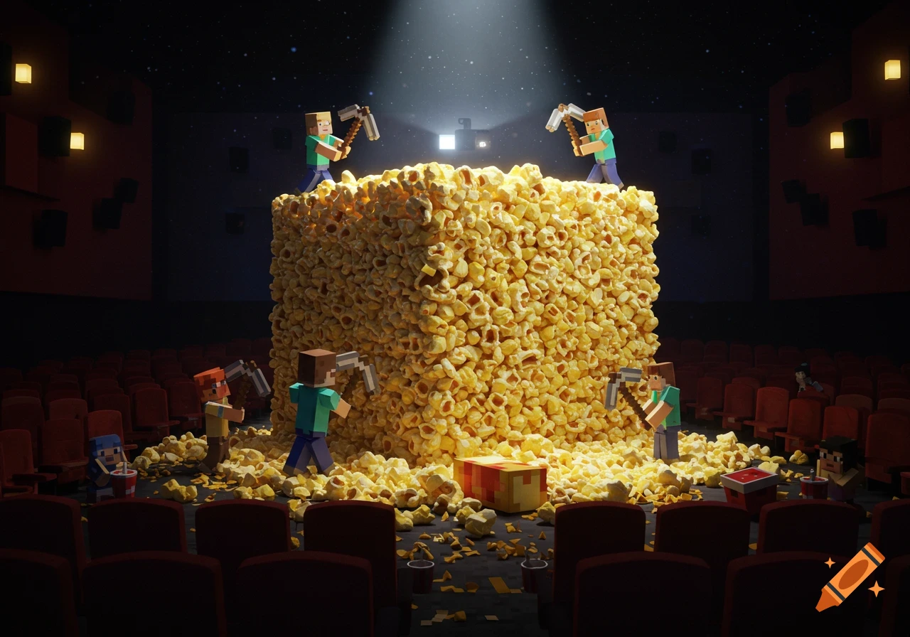 Minecraft characters mine a giant block of popcorn in a movie theater ...