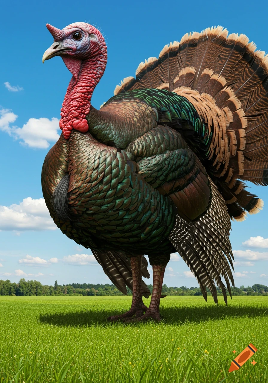 Giant turkey stands in a grassy field under a blue sky. on Craiyon