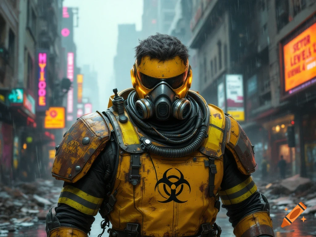 Person in a yellow biohazard suit and gas mask stands in a ruined, rain ...