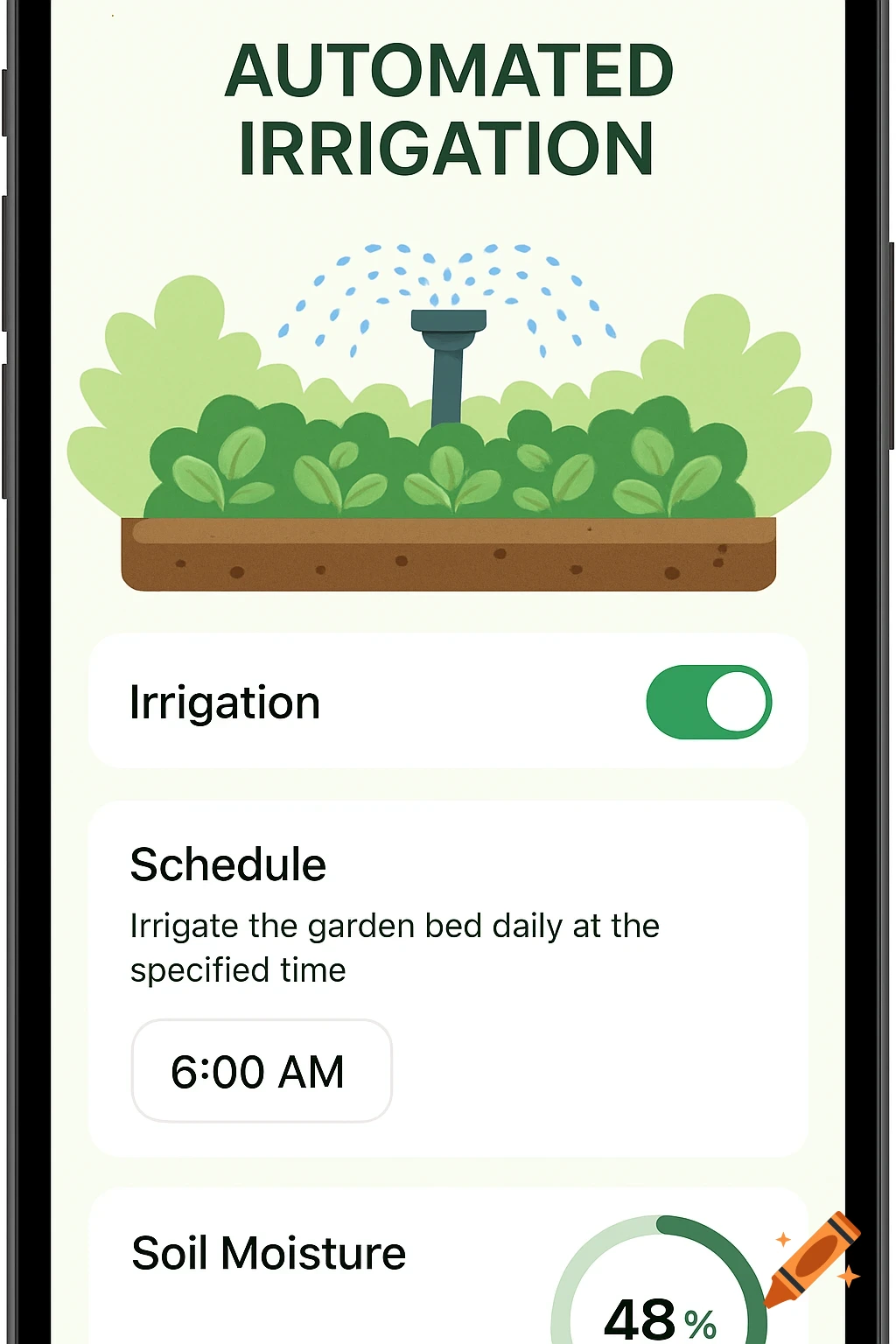 Mobile app screen for automated garden irrigation, showing a sprinkler ...