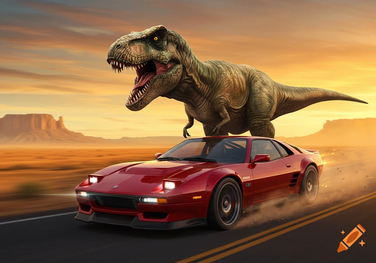 A T-Rex rides on top of a red sports car speeding through a desert ...