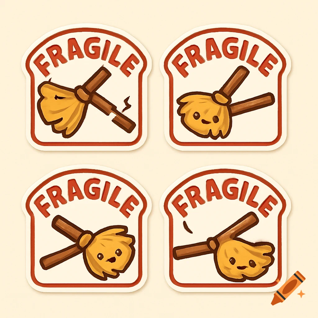 Four cute cartoon stickers with a broken broom and the word FRAGILE. on ...