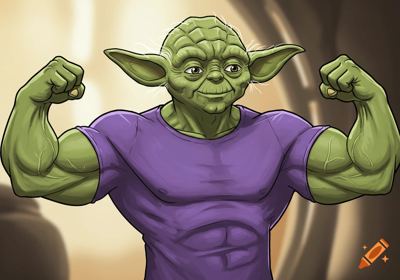 Cartoon of a muscular Yoda flexing in a purple shirt. on Craiyon
