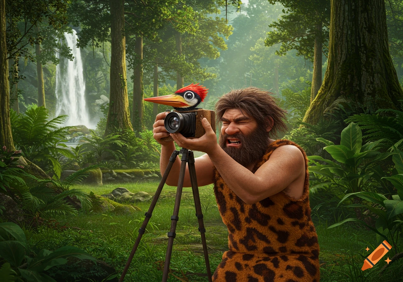 A caveman takes a photo with a camera topped with a cartoon woodpecker ...