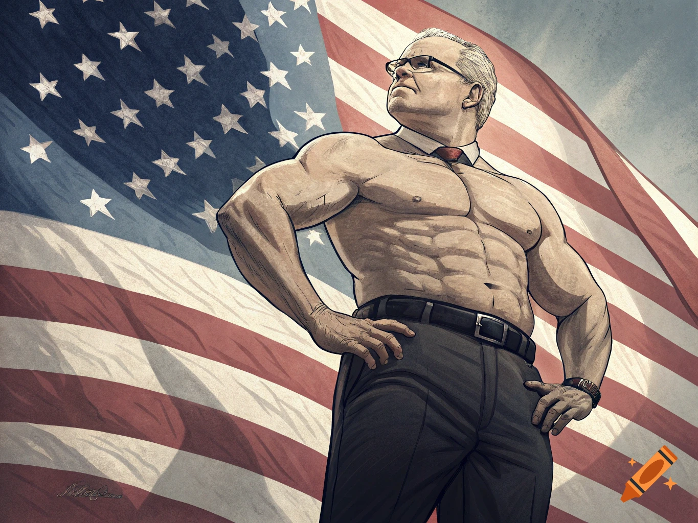 Illustration of a muscular man resembling Tim Walz standing in front of ...