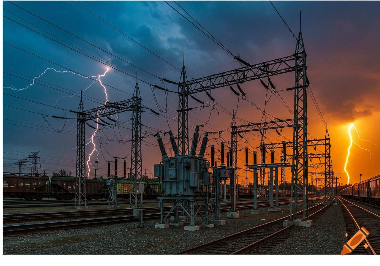 Lightning strikes near power lines, a transformer, train tracks, and ...