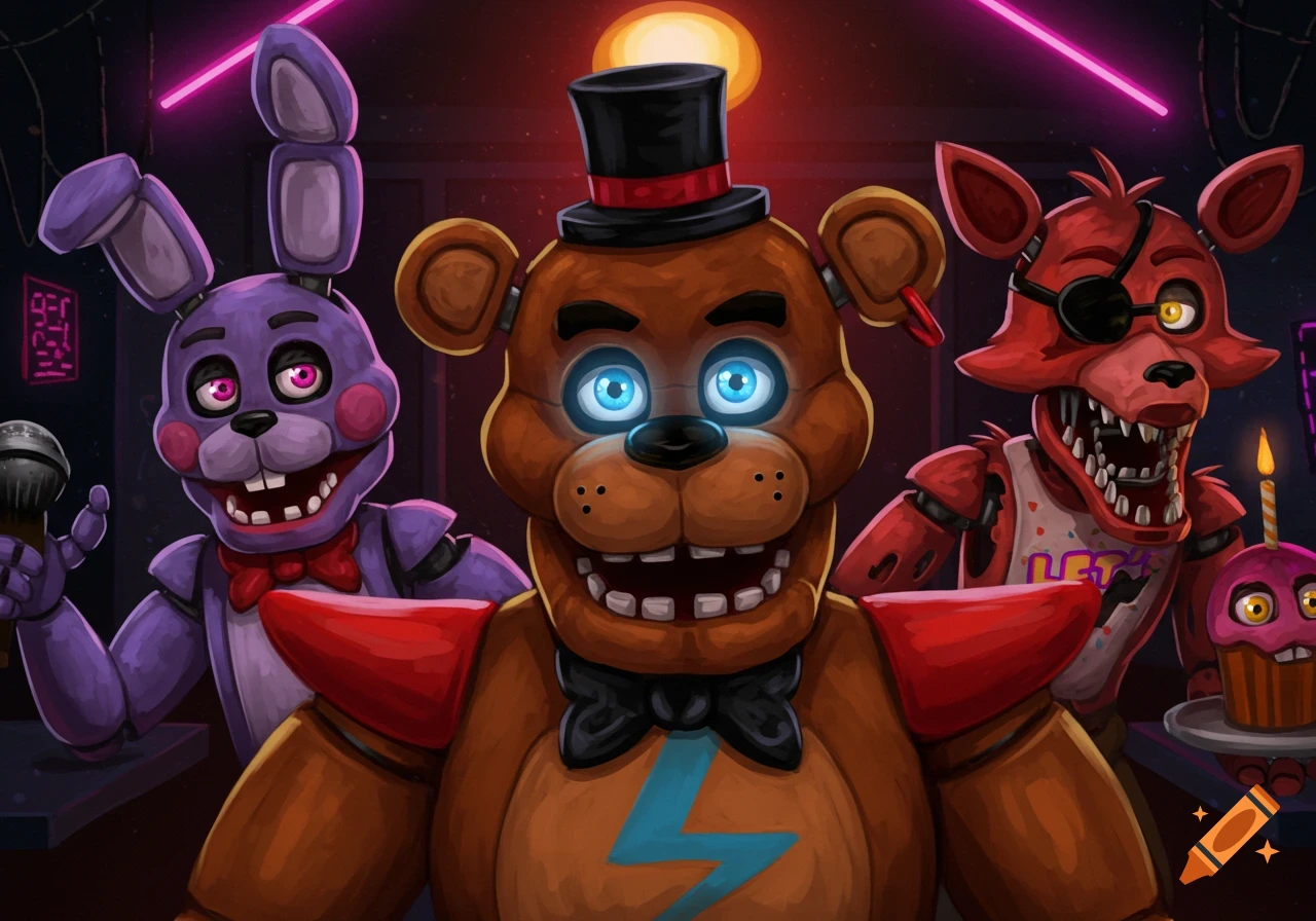 Stylized illustration of FNAF characters Freddy, Bonnie, and Foxy. on ...