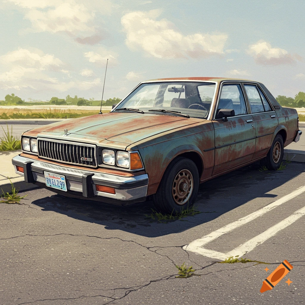 A rusty, older model sedan is parked in a cracked asphalt parking lot ...