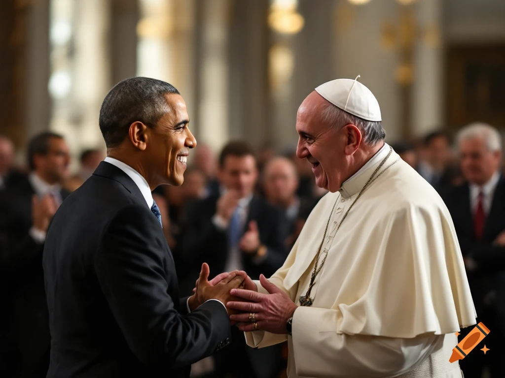 Barack Obama and Pope Francis shake hands and smile in a formal setting ...