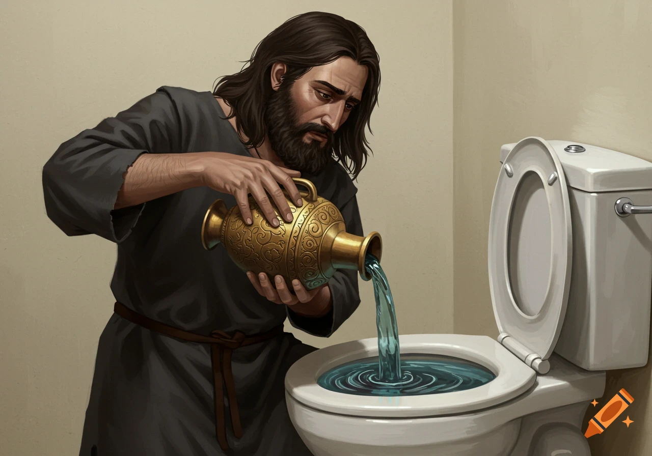 Man with beard and robe pouring liquid from a golden urn into a toilet ...