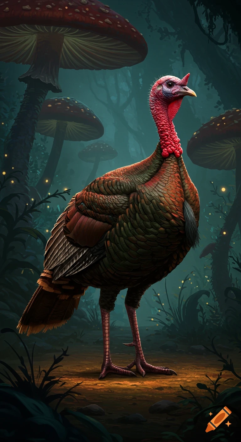 A fantasy turkey stands in a dark forest among giant red mushrooms and ...