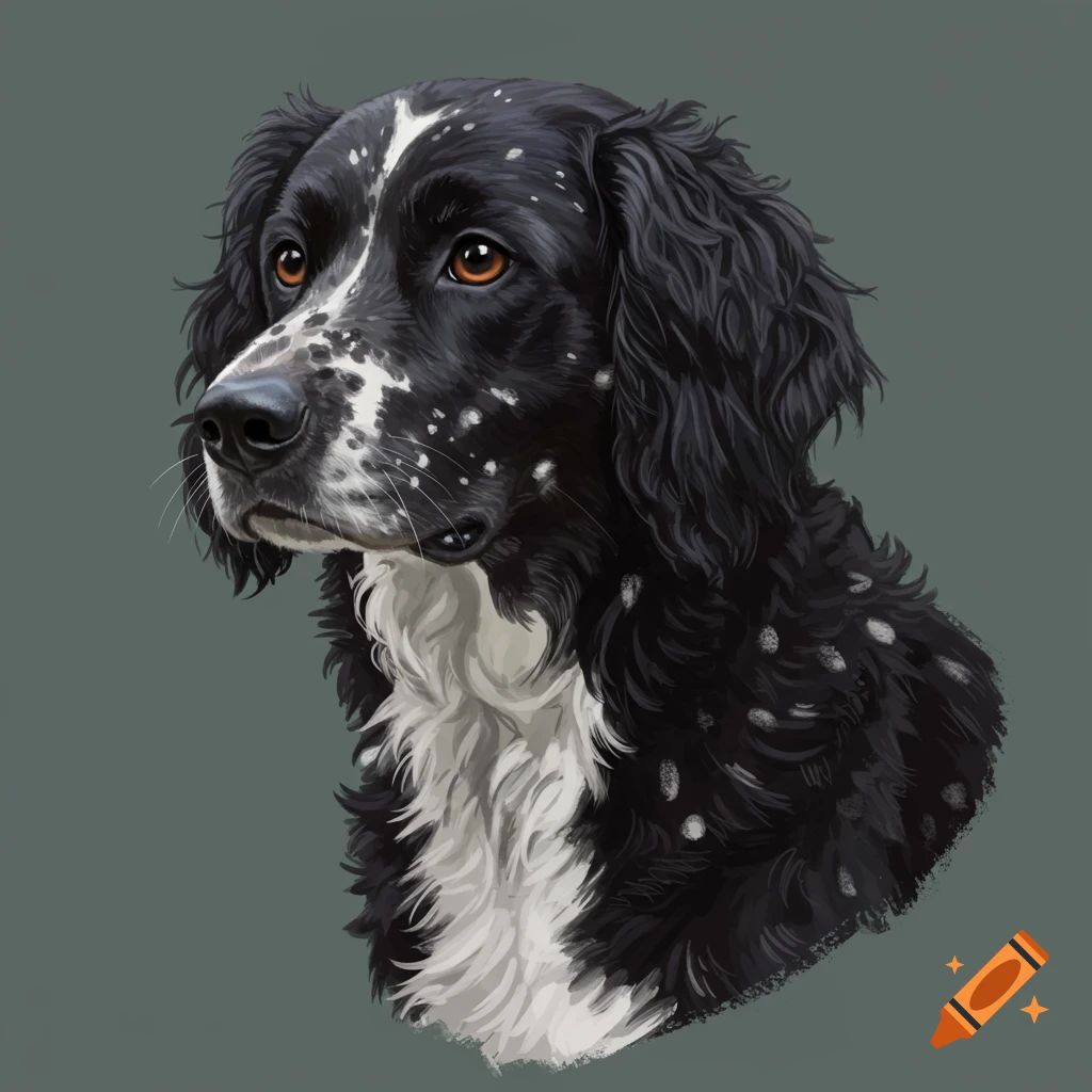 Portrait of a black and white speckled dog. on Craiyon