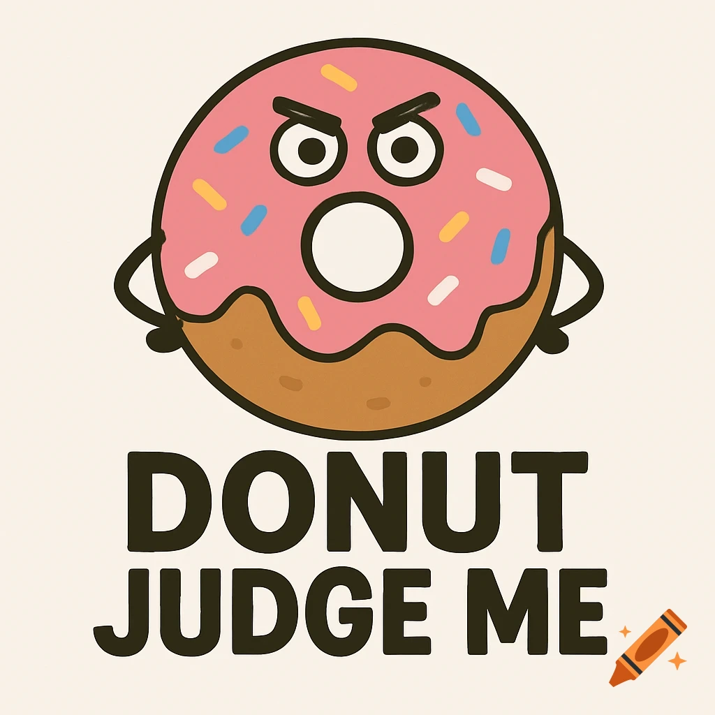 Cartoon angry donut with text 'DONUT JUDGE ME' on Craiyon