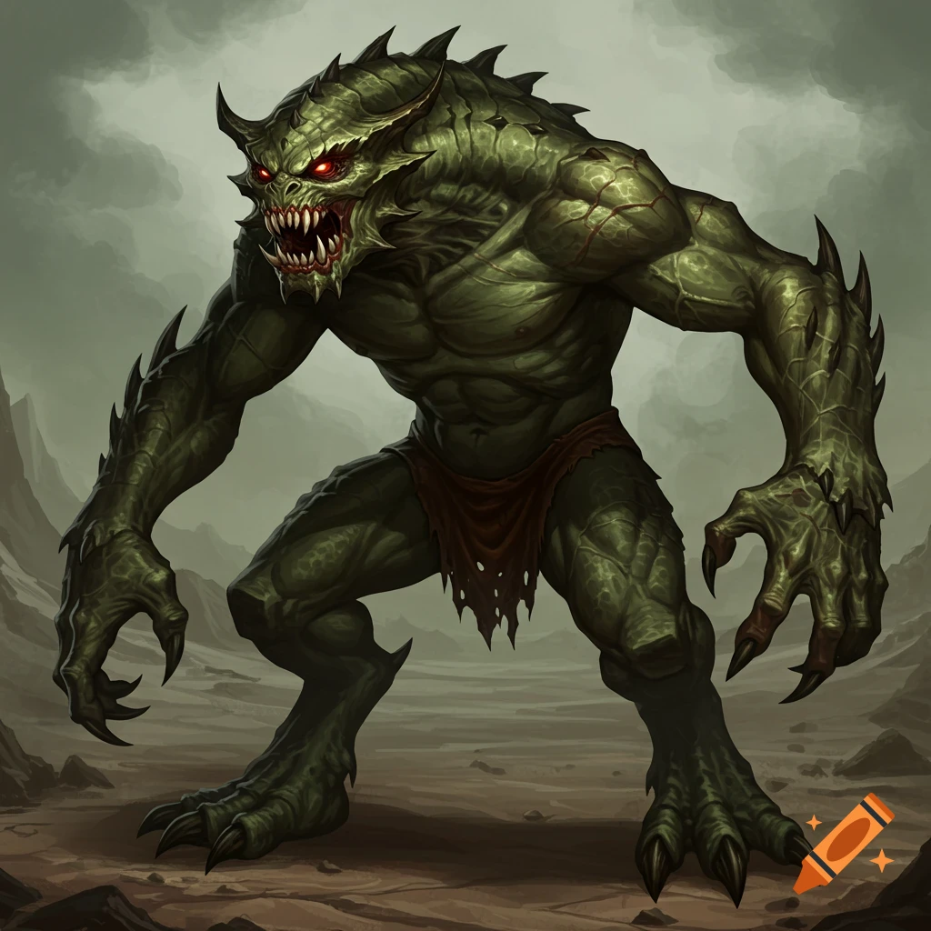 A green scaly monster with red eyes stands in a rocky landscape. on Craiyon