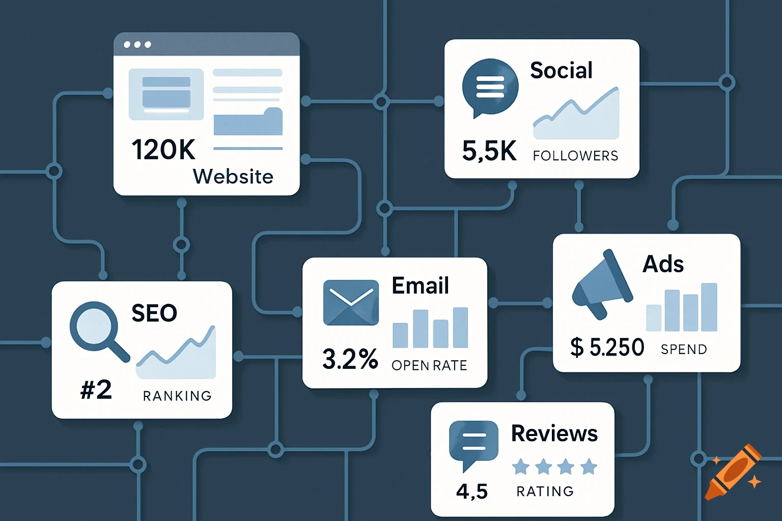 Illustration of a digital marketing network showing interconnected ...