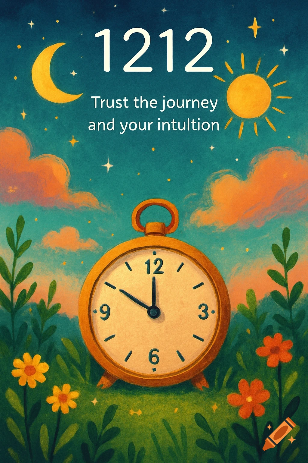 Watercolor illustration of a clock at 12:12 in nature under a celestial ...