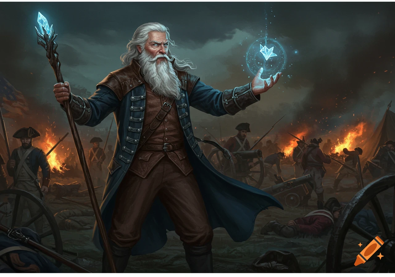 A wizard with a staff and glowing crystal casts a spell on a ...