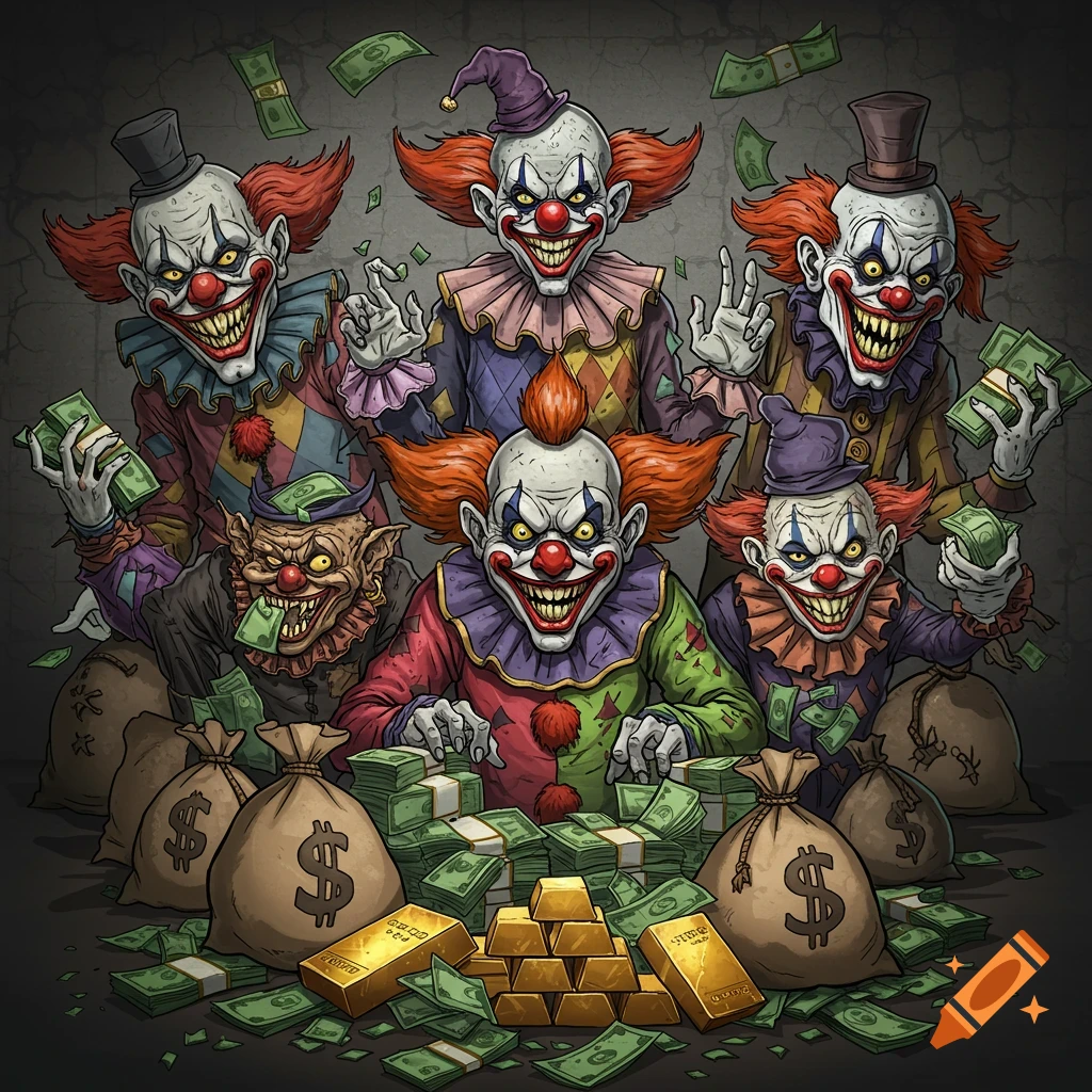 Illustration of multiple scary clowns surrounded by large piles of ...