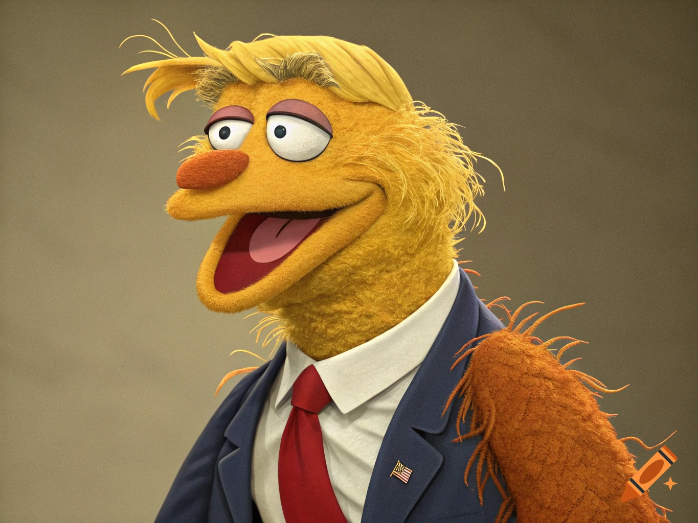 Muppet-like character with blond hair and orange face in a suit and tie ...