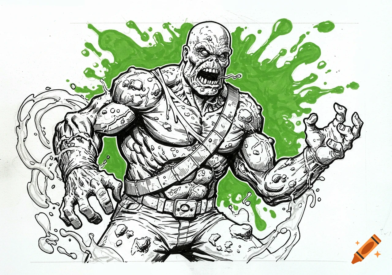 Black and white line drawing of a grotesque mutant monster (Toxic ...