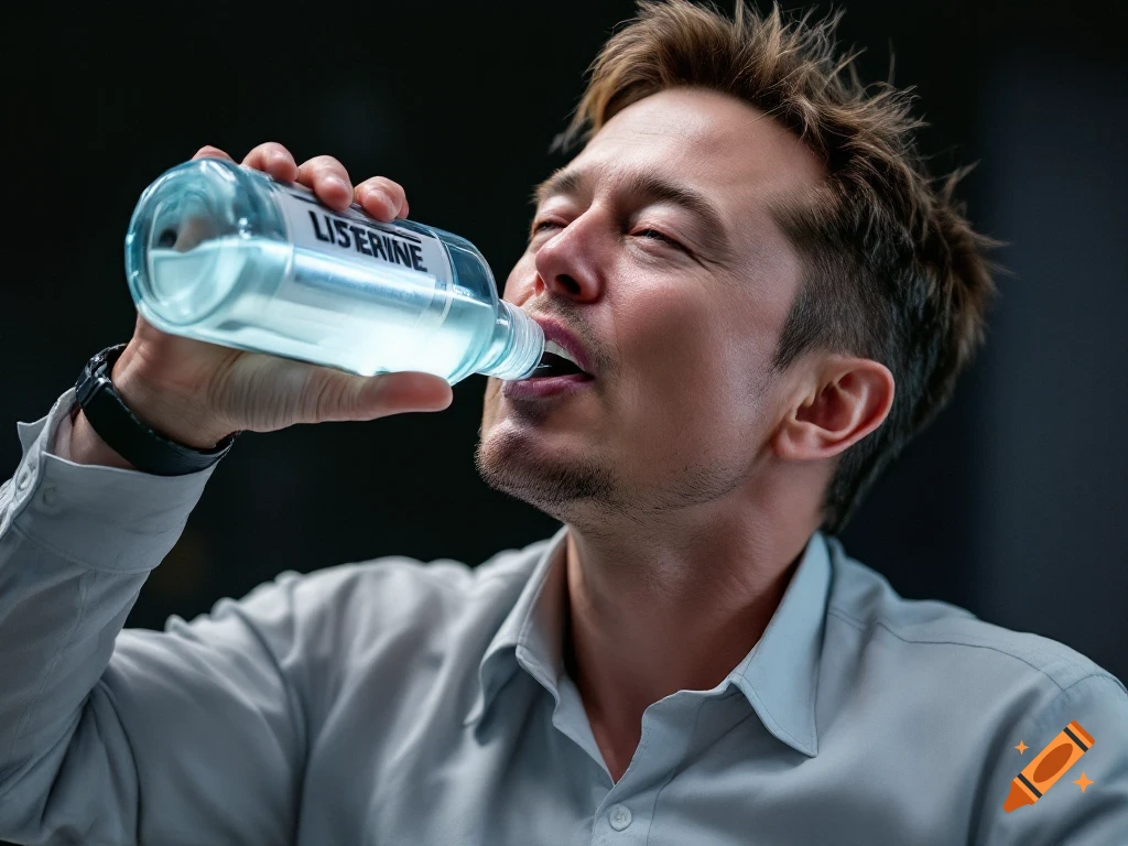 Close-up photo of a man resembling Elon Musk drinking Listerine from a ...