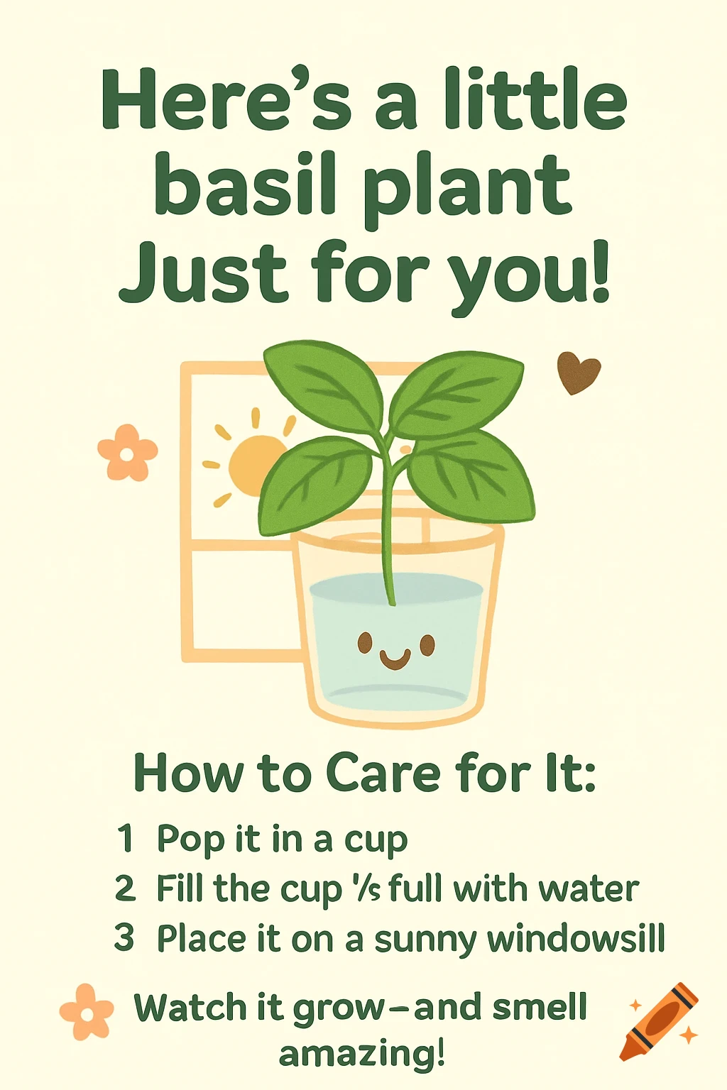 A cute cartoon illustration of a basil plant in a glass with care ...