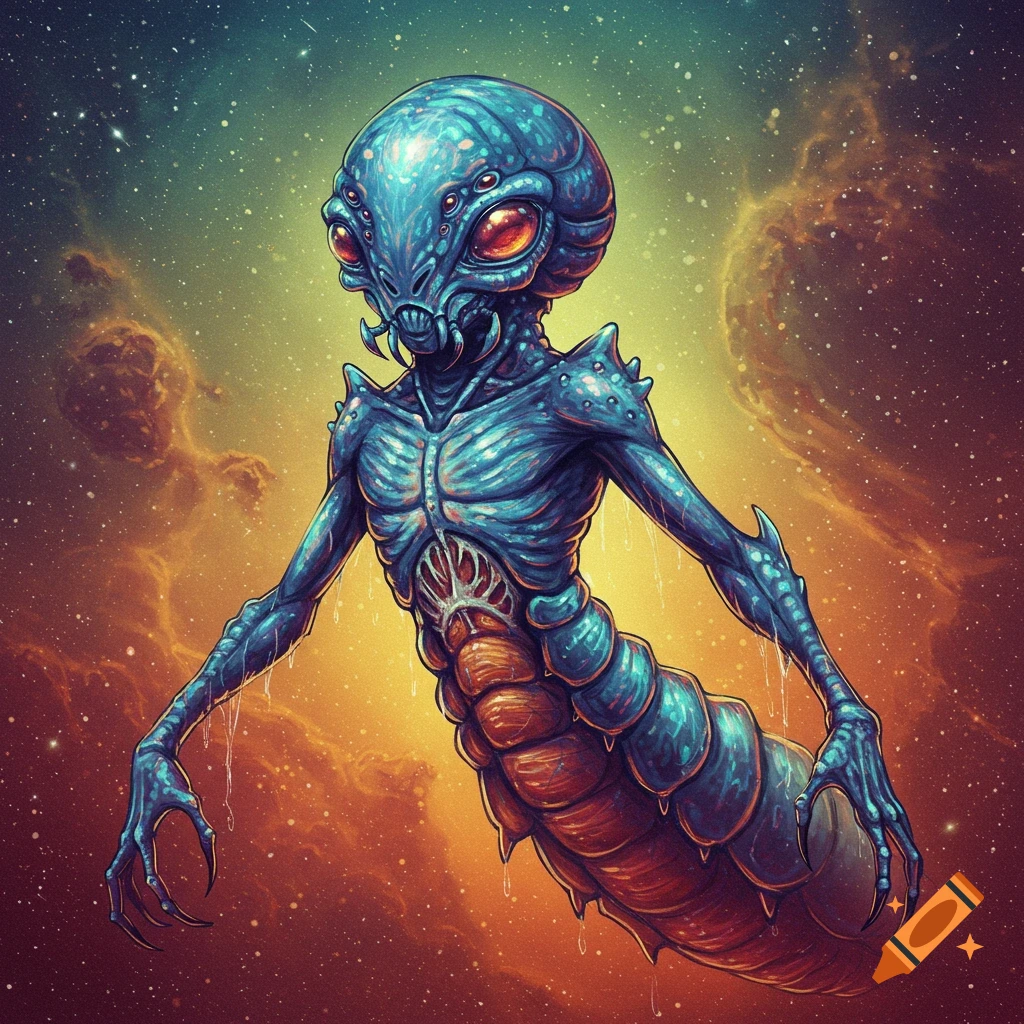 Blue alien creature with segmented body floating in space with nebulas ...