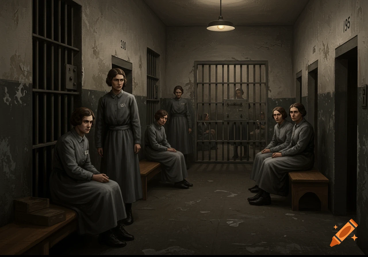 Women in gray uniforms in a dimly lit prison hallway with barred cells ...