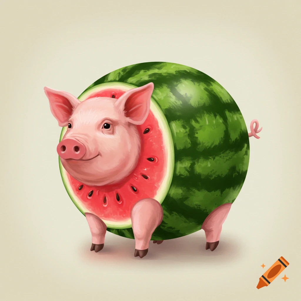Cartoon illustration of a pig whose body is a watermelon. on Craiyon