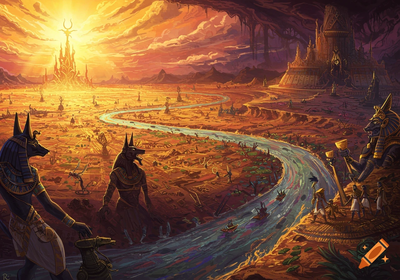 Fantasy landscape illustration with figures resembling Anubis, a river ...