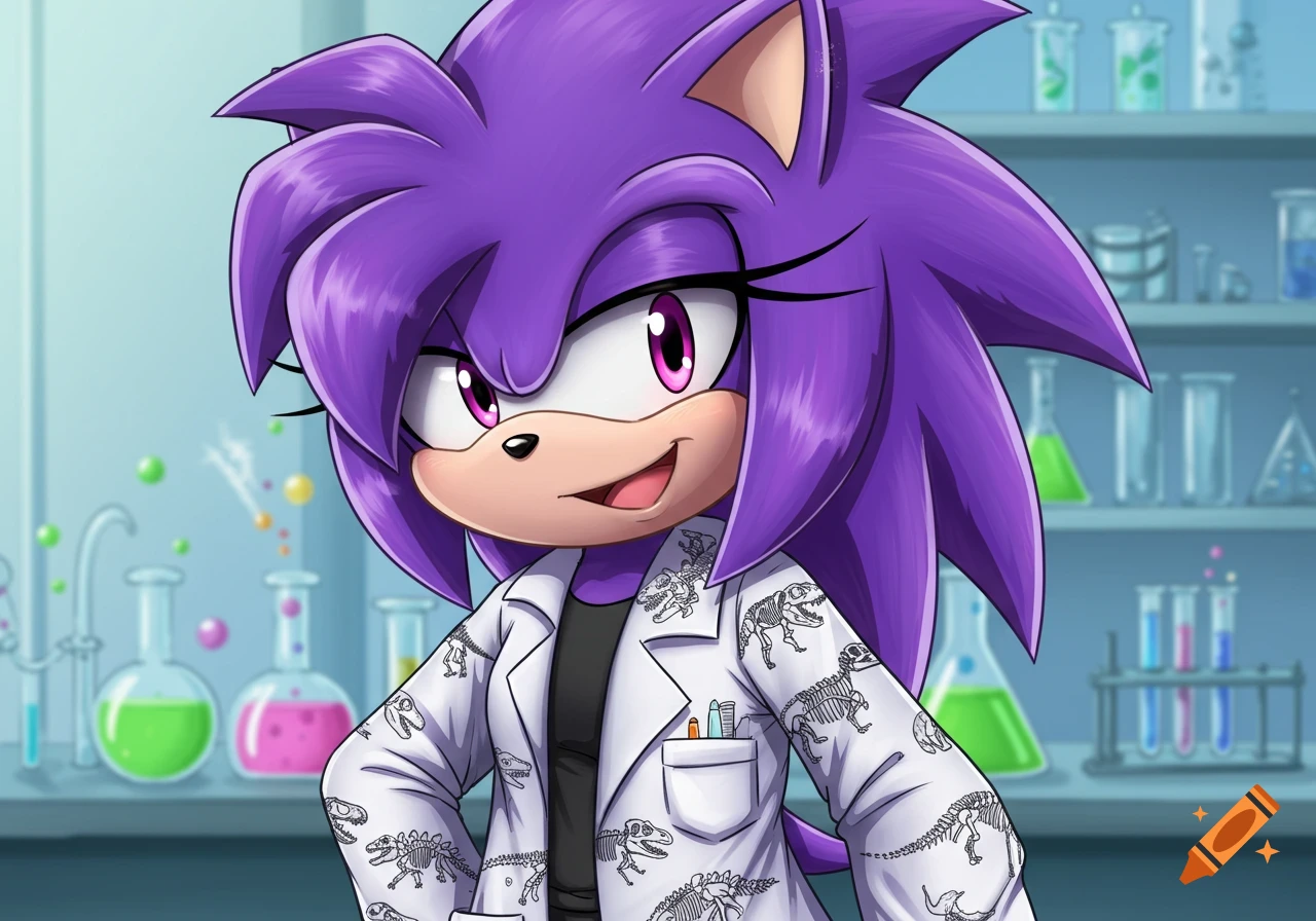 Purple Sonic-style character in lab coat with dinosaur fossils in a ...