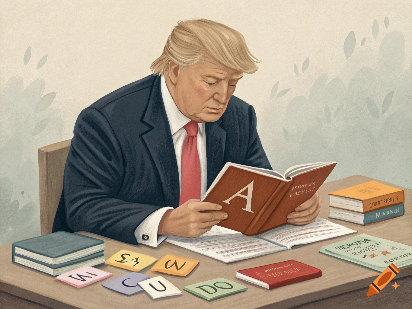 Illustration of a man resembling Donald Trump reading a book at a desk ...