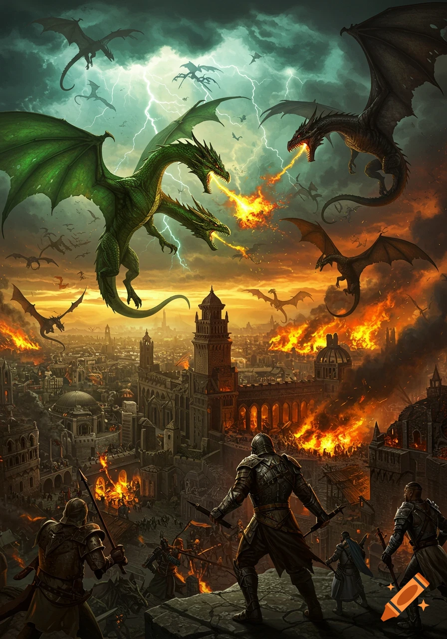 Epic fantasy art of dragons attacking a city in flames with knights ...
