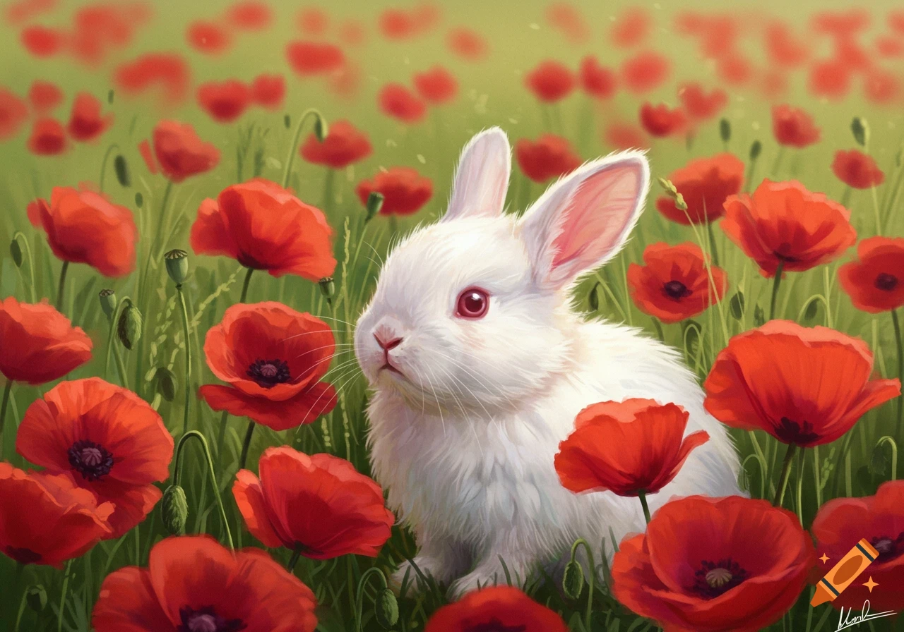 A white rabbit sits among red poppies in a field, painted illustration ...