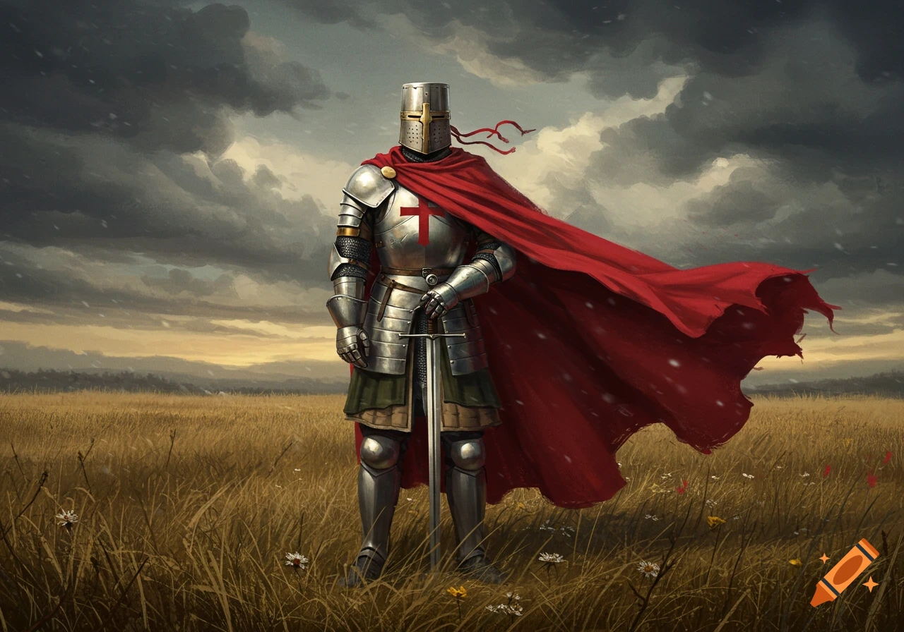 A knight in armor with a red cape and bucket helmet stands in a field ...