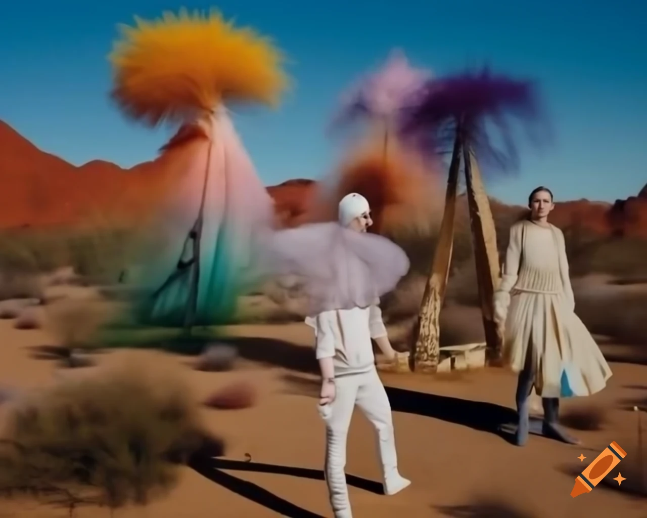 Strange baroque fashion figures in rainbow desert garden city dystopia ...