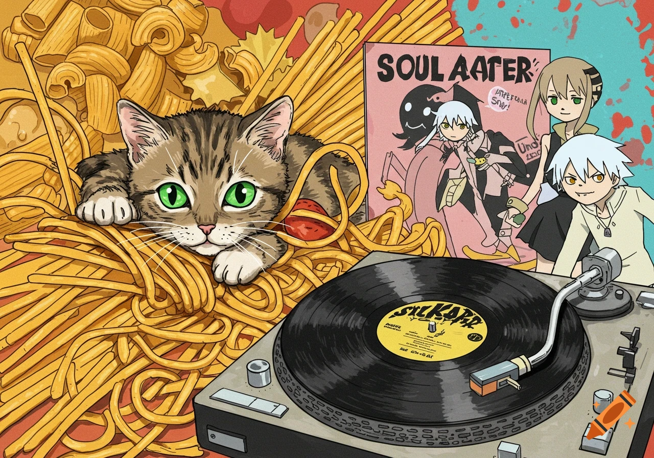 Cartoon collage of a cat in pasta, a record player, anime characters ...