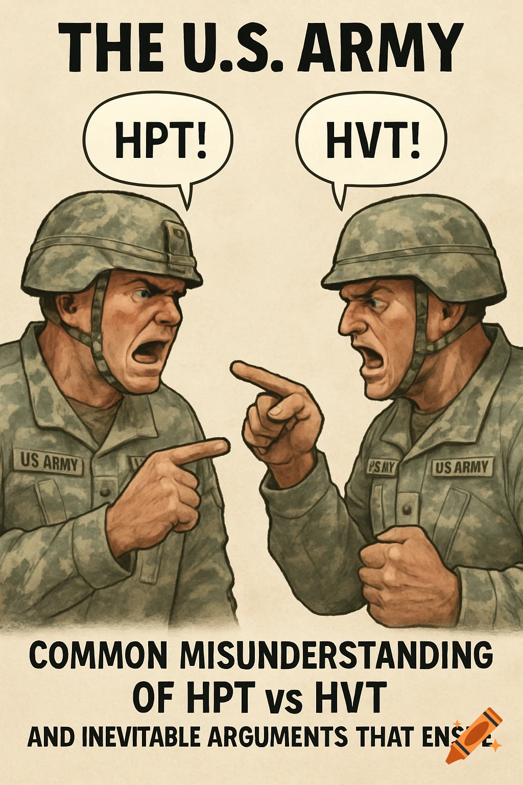 Cartoon of two US Army soldiers arguing about HPT vs HVT with text on ...