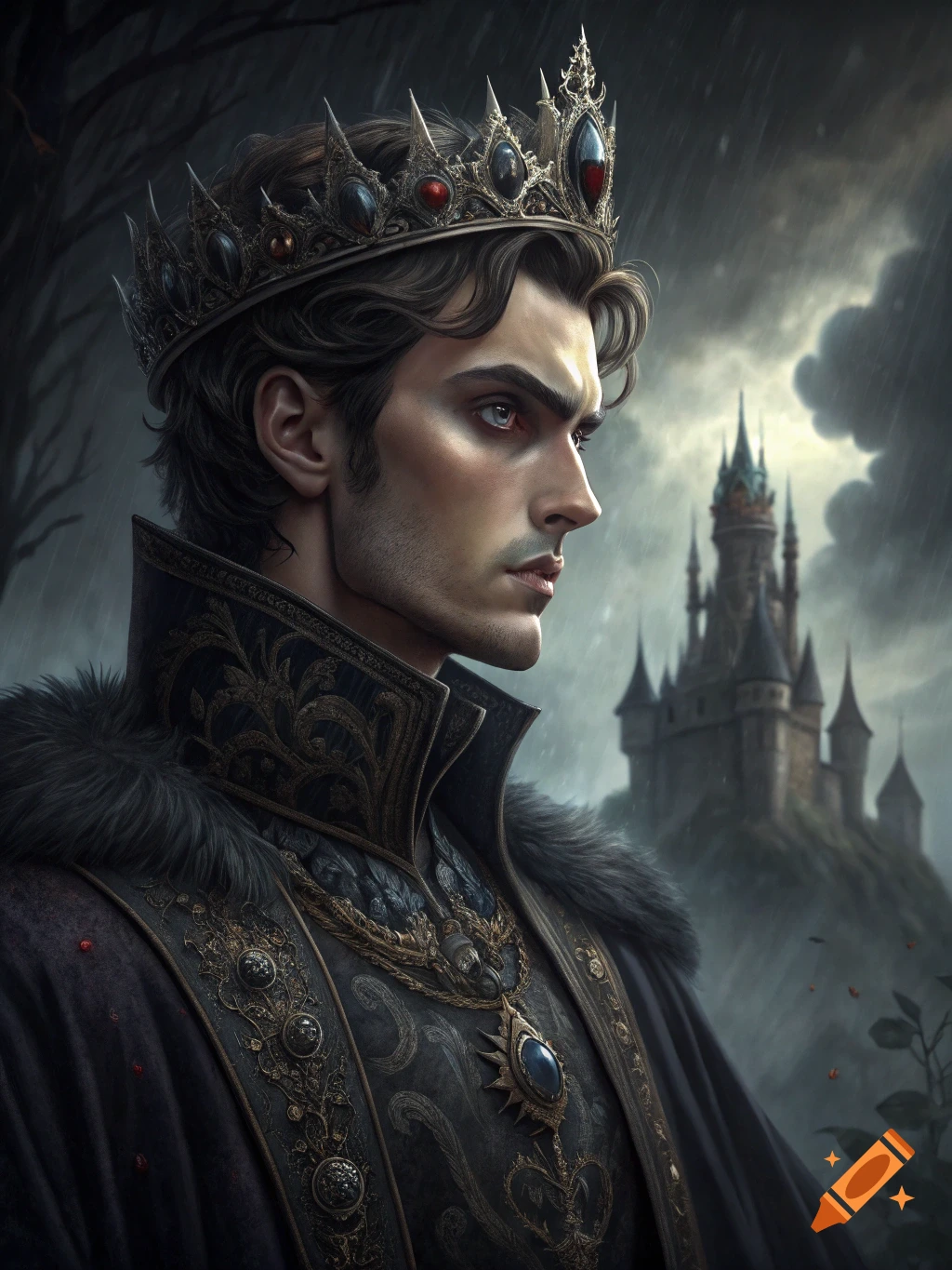 Detailed portrait of a dark prince wearing a crown and ornate clothing ...